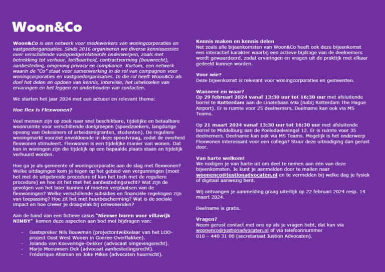 Uitnodiging Woon&Co Flexwonen - Justion Advocaten